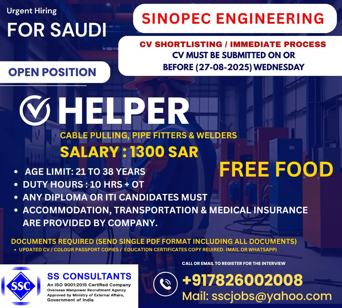 Urgent Hiring for Saudi Arabia: Helper, Cable Puller, Pipe Fitter ...